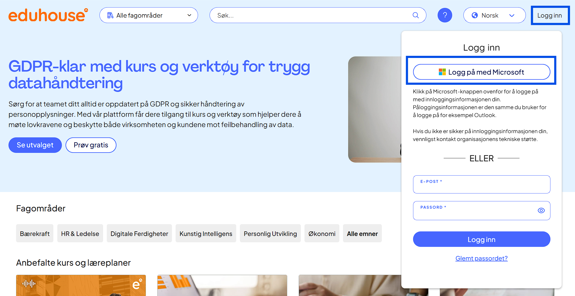 Hvordan logger jeg inn på Eduhouse med SSO (Microsoft-pålogging)?